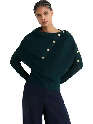 REISS Rib-knit Button Shawl Jumper - Teal Blue
