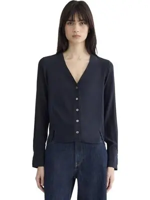 Everlane Washable Silk V-neck Blouse - Navy