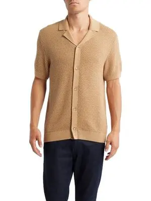BOSS Iconico Texture Knit Camp Shirt Medium Beige