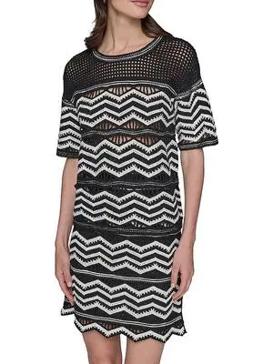 Karl Lagerfeld Paris Chevron Knit Short Sleeve Top - Black/soft White