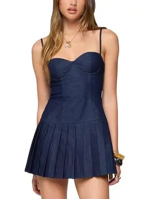 EDIKTED Rudy Pleated Denim Mini Dress - Dark-blue