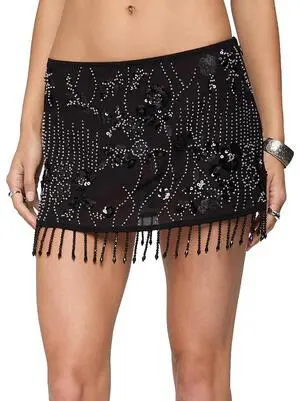 EDIKTED Sheer Sequin Bead Fringed Mini Skirt - Black