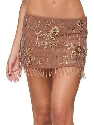 EDIKTED Sheer Sequin Bead Fringed Mini Skirt - Brown