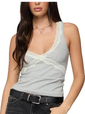 EDIKTED Oriana Contrast Lacey V Neck Top - Gray-melange