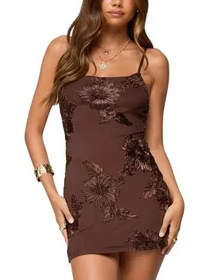 EDIKTED Caya Embroidered Floral Mesh Mini Dress - Brown