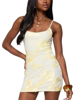 EDIKTED Caya Embroidered Floral Mesh Mini Dress - Yellow