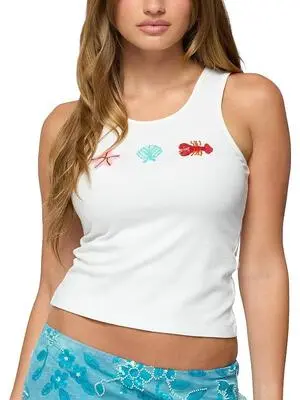 EDIKTED Ocean Club Bead Ribbed Tank Top - White