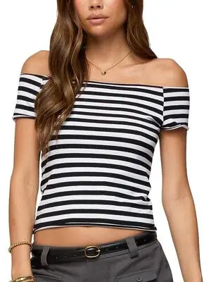 EDIKTED Amanda Striped Off Shoulder Top - Black And White