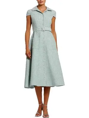 Mac Duggal Boucle Cap Sleeve Button Up Midi Dress - Seafoam