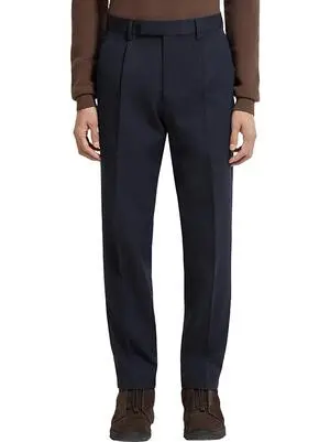 Zegna Cotton And Wool Pleated Pants Navy Blue