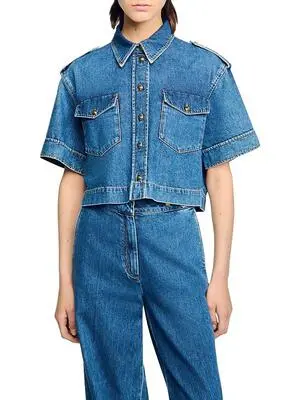 Sandro Cropped Denim Shirt - Blue Jean