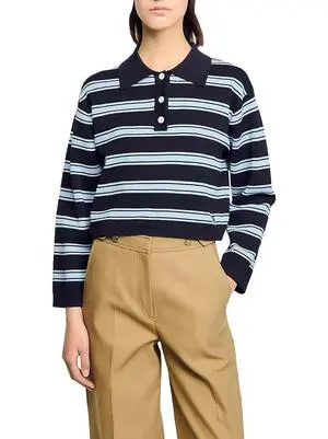 Sandro Striped Polo Sweater - Navy Blue