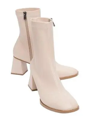 PROLOGUE SHOES Plesa Chunky Heel Boots Beige Faux Leather