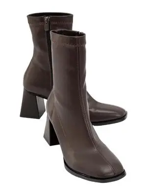 PROLOGUE SHOES Plesa Chunky Heel Boots - Dark Brown Faux Leather
