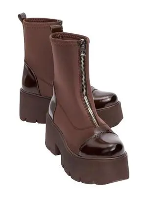 PROLOGUE SHOES Bray Patent Chunky Ankle Boots - Brown Patent Faux Leather