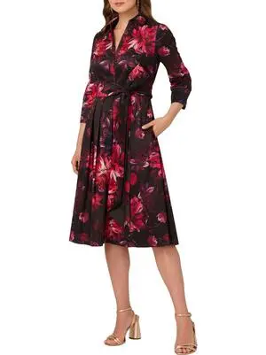 Adrianna Papell Printed Taffeta Tie Waist Shirtdress - Black Multi