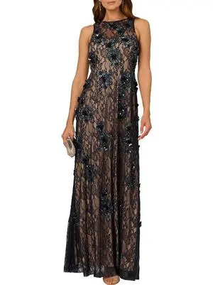 Adrianna Papell Sequin Lace Sleeveless Gown - Midnight Multi/nude