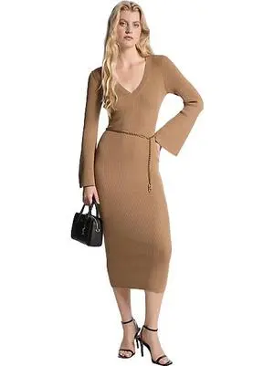 Michael Kors Wool Blend Belted Midi Dress - Brown