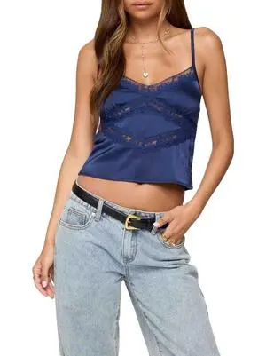 EDIKTED Lace Inset Crop Satin Camisole - Navy