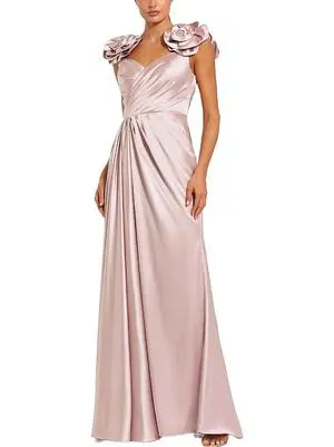 Mac Duggal Satin Faux Wrap Gown With 3d Flower Straps - Rose