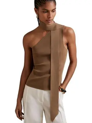 REISS Sasha One-shoulder Scarf Top - Taupe Neutral