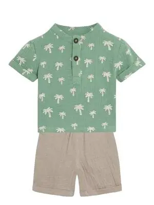 JOJO MAMAN BEBE Palm Tree Cotton Gauze Henley & Shorts Set - Khaki