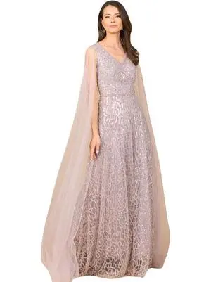 LARA NEW YORK Beaded Lace Gown With Cape Sleeves - Dusty Purple