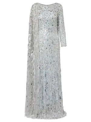 Jenny Packham Pauline Embellished Caped Gown - Silver
