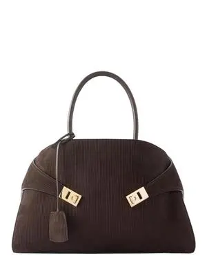 FERRAGAMO Hug Medium Leather-trimmed Ribbed-suede Tote - Brown