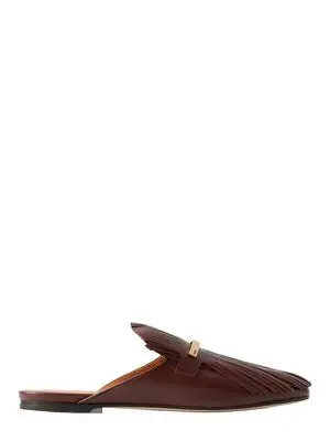 TOD'S Embellished Fringed Leather Slippers - Brown