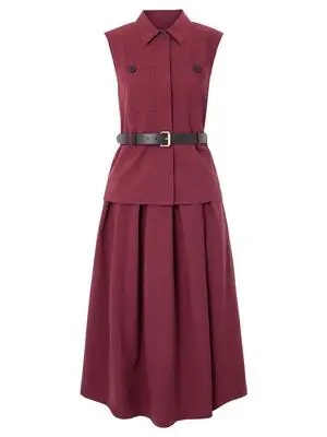 SELF-PORTRAIT Belted Layered Pleated Twill Midi Dress - Burgundy