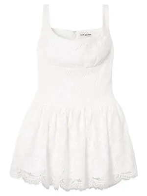 SELF-PORTRAIT Pleated Scalloped Lace Mini Dress - White