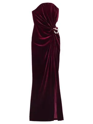 SELF-PORTRAIT Strapless Cutout Embellished Gathered Velvet Maxi Dress - Burgundy