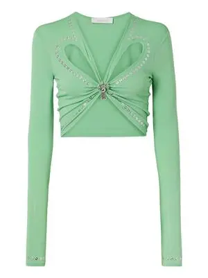 Rabanne Cropped Embellished Gathered Jersey Top - Green