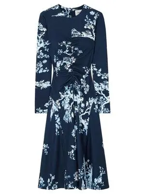 Erdem Gathered Printed Ponte Midi Dress - Blue