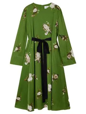 Erdem Bow-detailed Floral-print Plissé-satin Midi Dress - Green