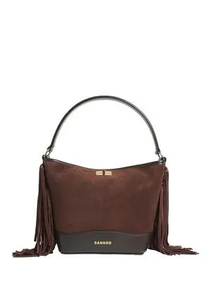 Sandro Mini Leather Fringe Tangoso Bucket Bag Brown