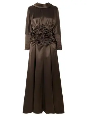 VIOLANTE NESSI Button-embellished Ruched Satin Gown - Brown