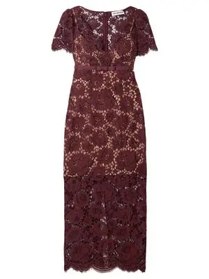 SELF-PORTRAIT Bow Detailed Floral Lace Midi Dress - Burgundy