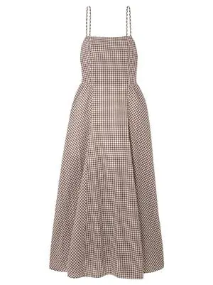 Posse Callie Pleated Gingham Cotton-voile Midi Dress - Brown
