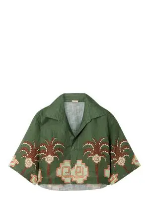 Johanna Ortiz Cumbi Cropped Printed Linen Shirt - Green