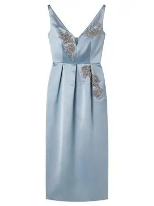 Erdem Embellished Pleated Satin Midi Dress - Blue