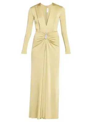 Victoria Beckham Gathered Crystal Long-sleeve Gown - Green