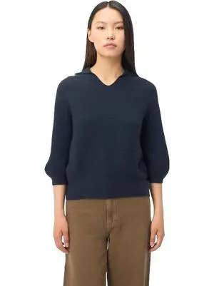 GOBI MONGOLIAN CASHMERE Open V-collar Polo Cashmere Sweater - Dark Denim