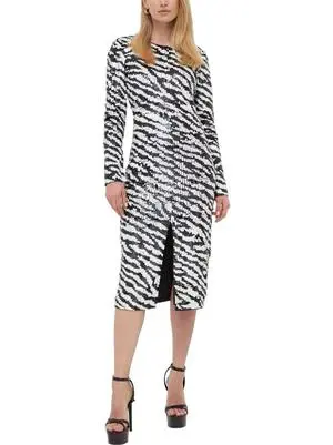 NOTES DU NORD Zebra-print Sequin-embellished Midi Dress - Black