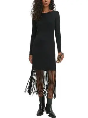 PEDRO DEL HIERRO Long-sleeve Fringed Midi Dress - Black