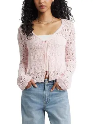 Bp. Fly Away Tie Front Crochet Cardigan Pink Balm