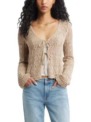 Bp. Fly Away Tie Front Crochet Cardigan Tan Savannah