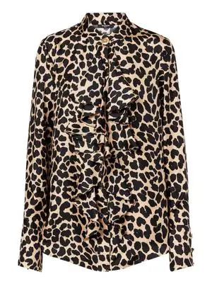 Balmain Leopard-print Ruffled Silk Blouse - Brown