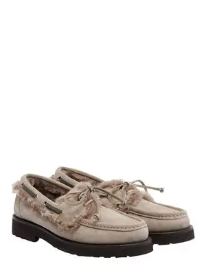 Brunello Cucinelli Monili Shearling-trimmed Suede Boat Shoes - Beige
